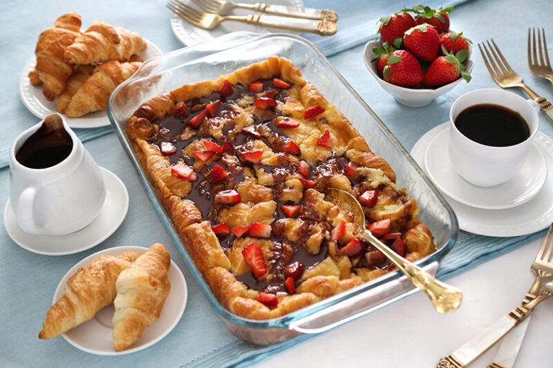 Croissant Bread Pudding with Chocolate Sauce - Sprinkle Bakes